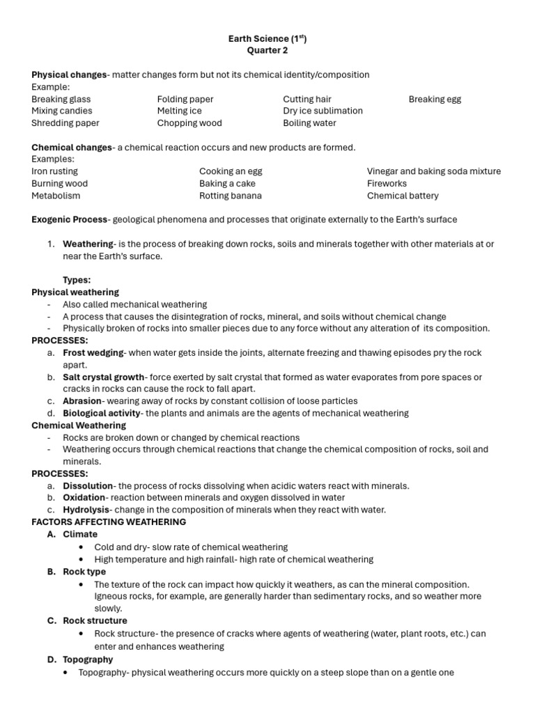 Earth Science Notes q2 1 | PDF | Weathering | Erosion