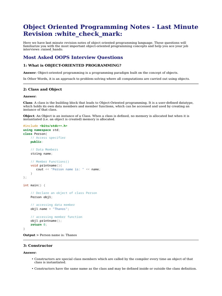 Last Minute Revision OOP | PDF | Programming | Constructor (Object Oriented Programming)