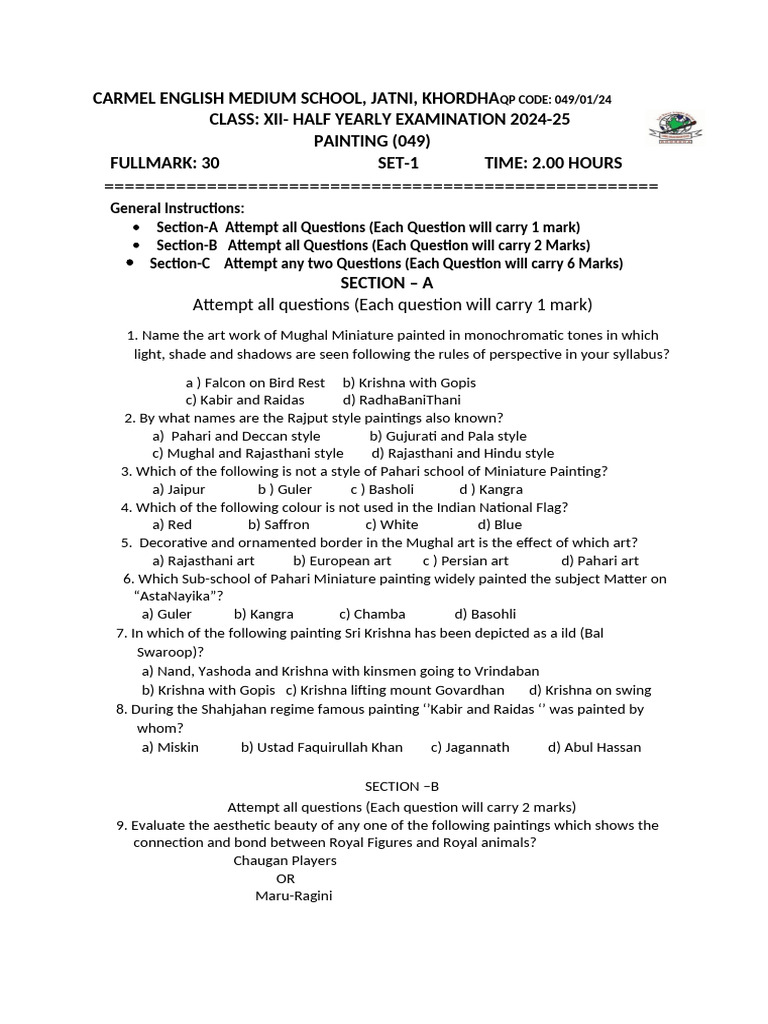 Class 12 Painting Half Yearly Exam 2024 | PDF | Paintings | The Arts