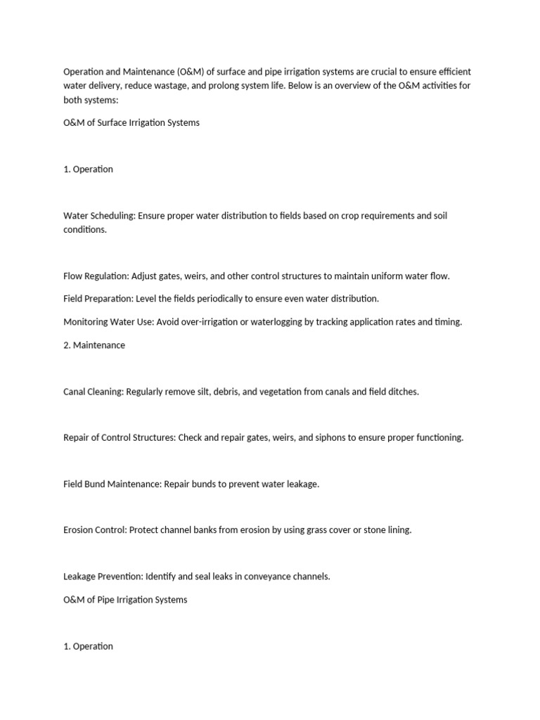 Operation and Maintenance Irrigation system | PDF | Irrigation | Earth Sciences