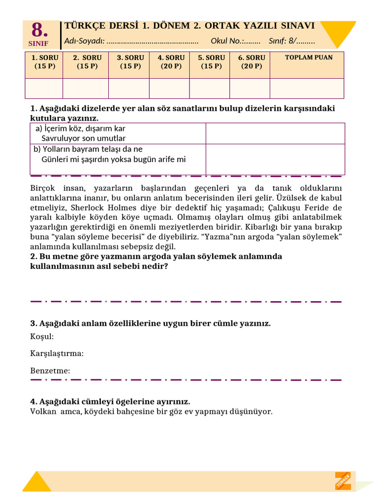 8.sinif 1. Donem 2.yazili Z Turkce Hecce Senaryo 4 | PDF