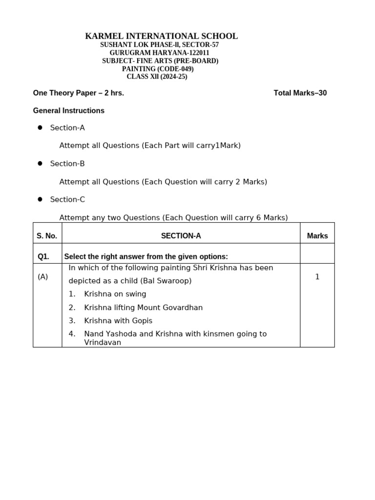 Class 12 Fine Arts Pre-Board Exam 2024-25 | PDF | Paintings