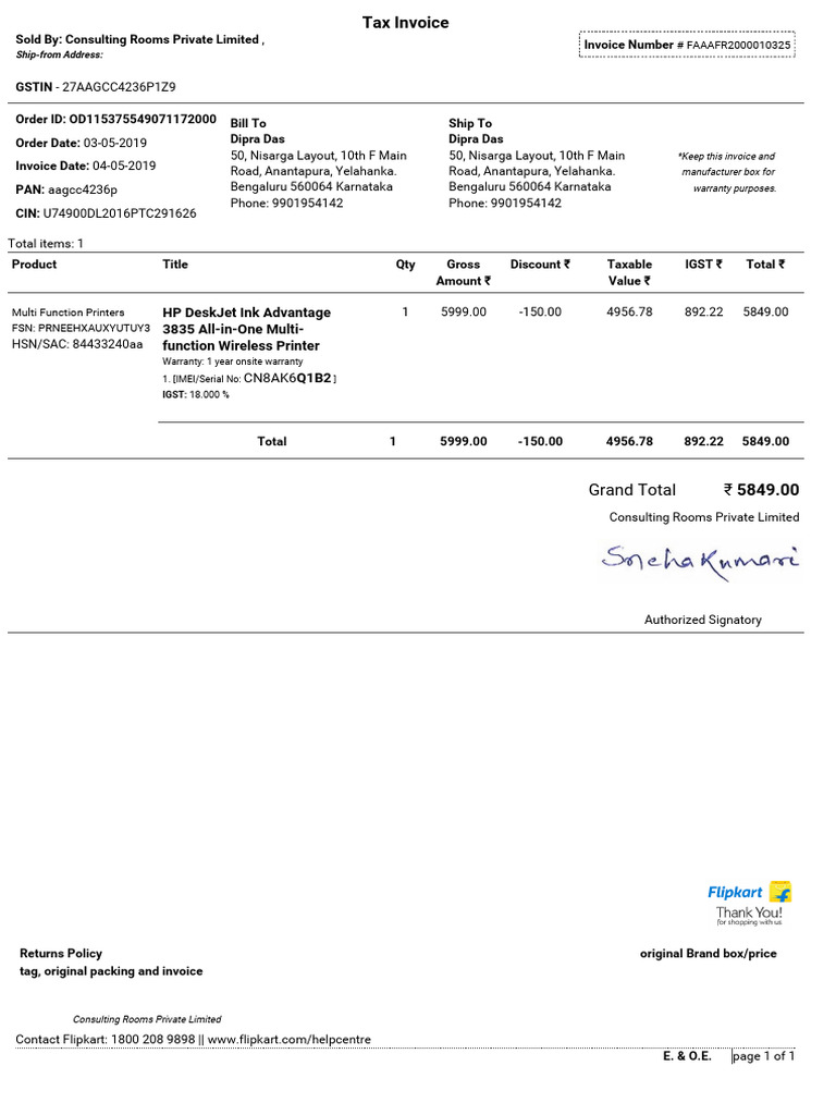 Invoice OD115375549071172000 - HP Printer | PDF