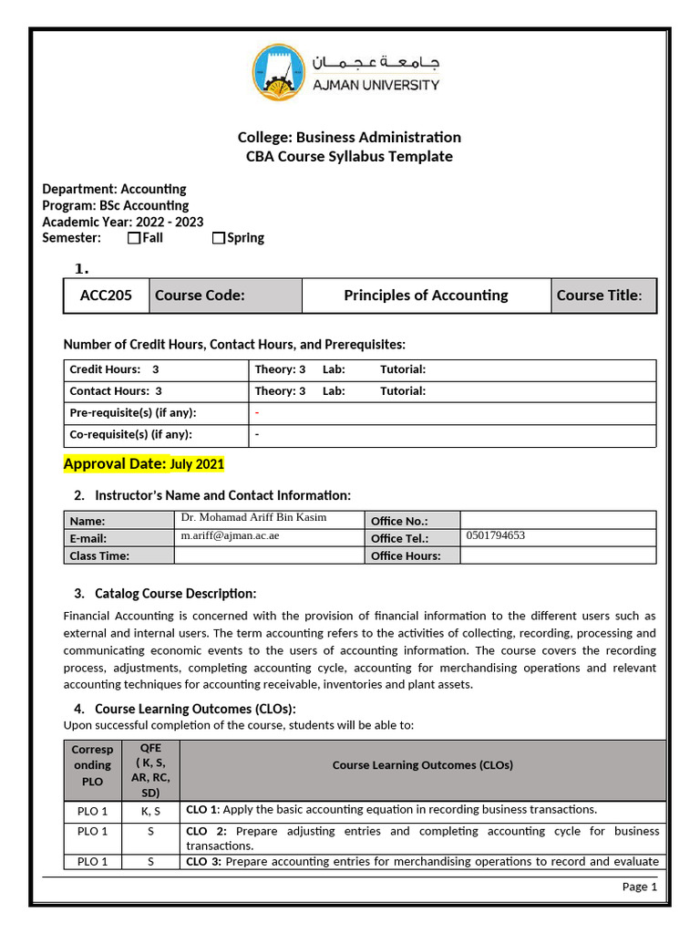 Principles of Accounting Syllabus (1) | PDF | Academic Dishonesty ...