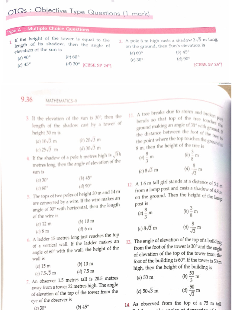 Some Applications of Trigonometry.MCQs | PDF
