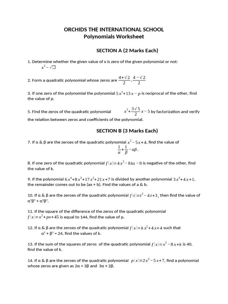 Grade 10-Math-Polynomial Worksheet 2 | PDF | Polynomial | Zero Of A ...