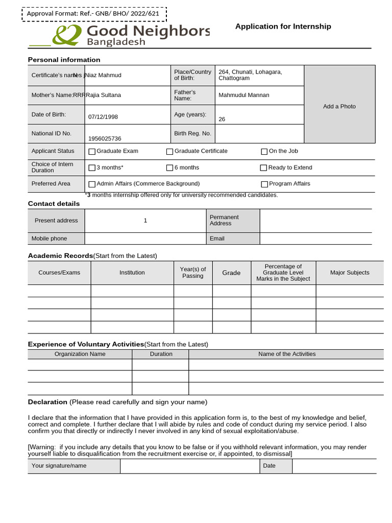 Internship Application Format | PDF