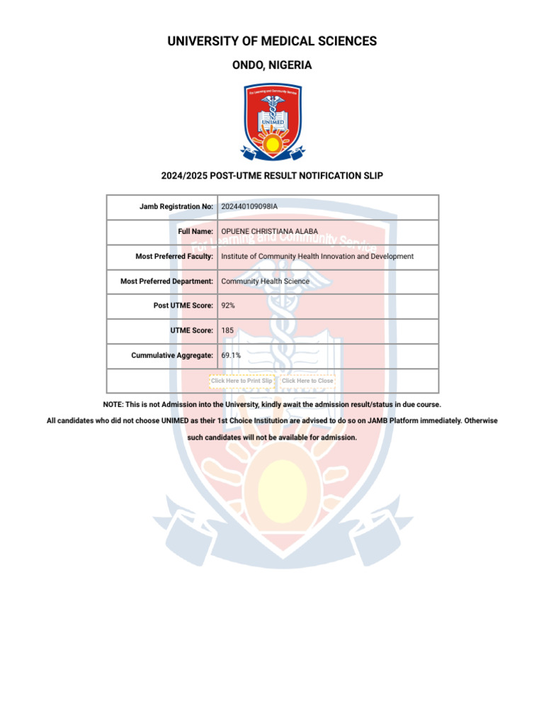 UNIMED Post-UTME Result Slip | PDF | Nigeria