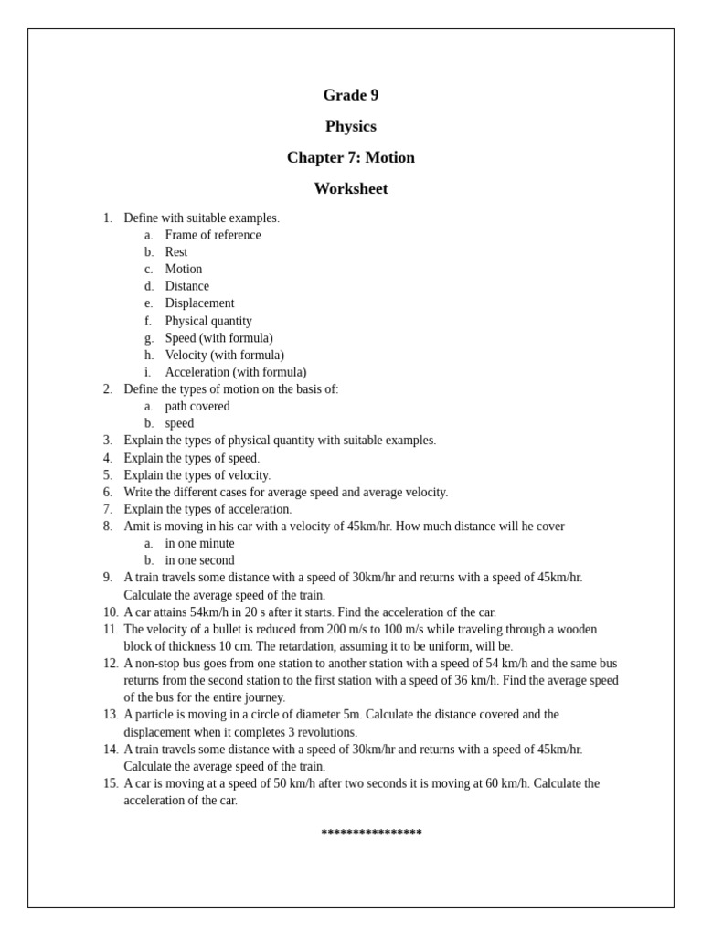 Gr9 Physics Motion Worksheet | PDF