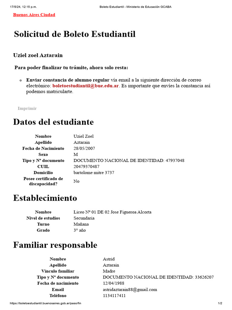 Boleto Estudiantil - Ministerio de Educación GCABA | PDF
