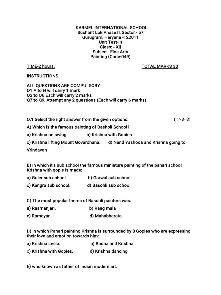 Fine Art Class 12 Ut3rd | PDF | Paintings | Plastic Arts