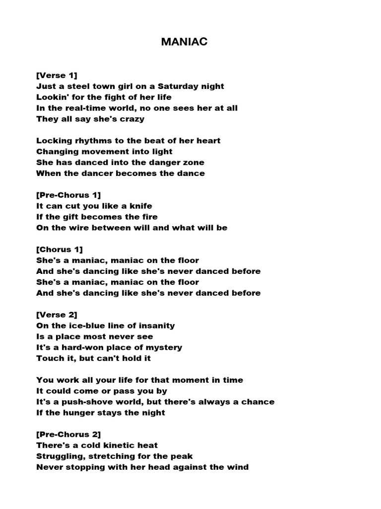 Maniac Lyrics | PDF