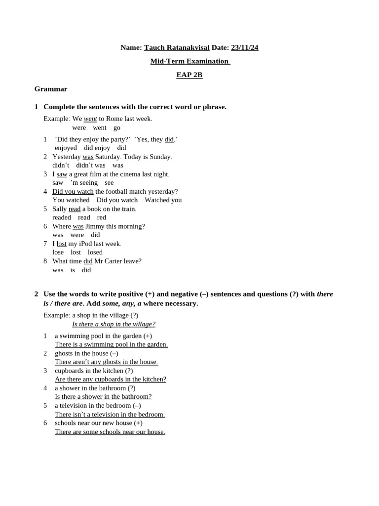 Mid-Term Exam 2B | PDF | Meal | Lunch