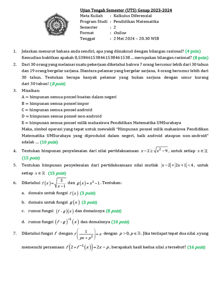 Soal UTS Kalkulus Diferensial 2023-2024 | PDF