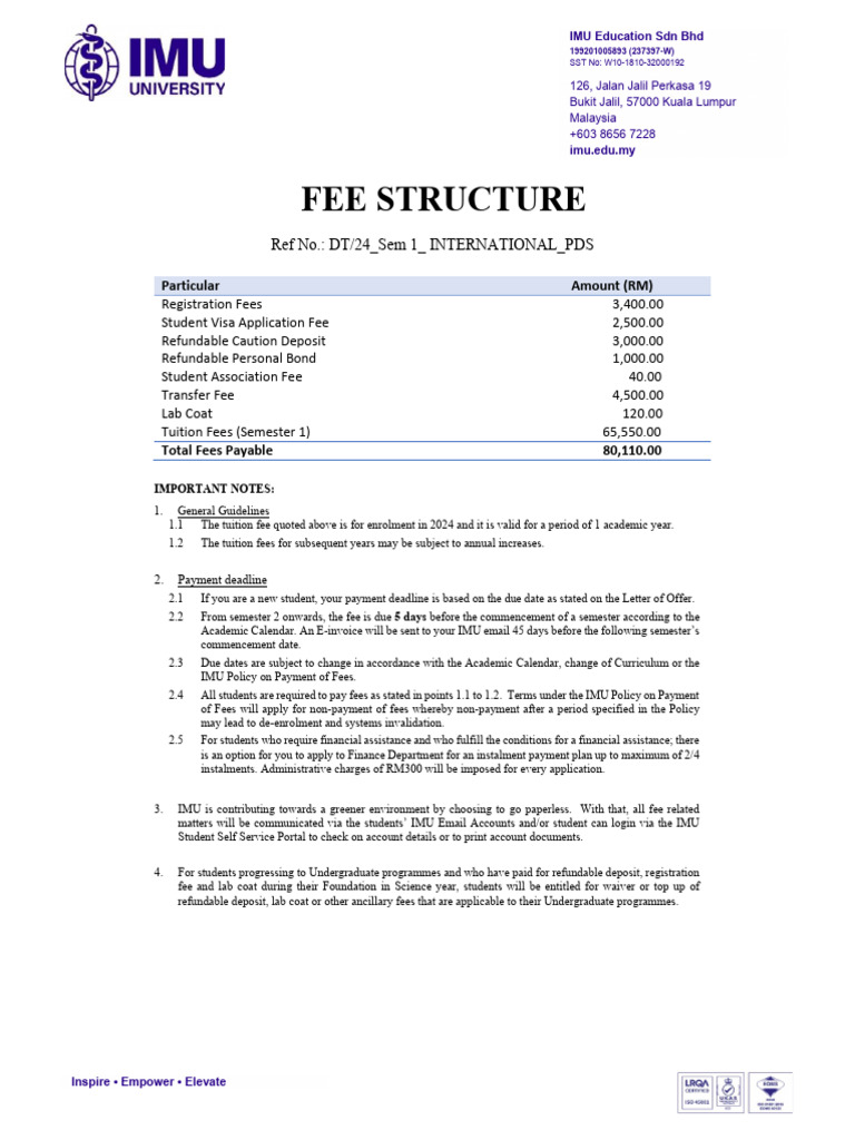 fee structure imu | PDF | Fee | Payments
