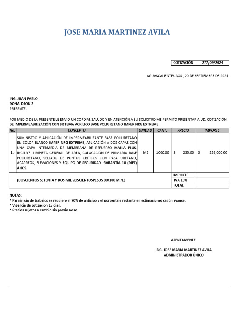 Cotizacion 277 NRG Extreme Ing. Juan Pablo | PDF