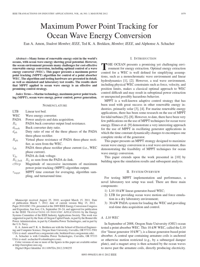 2012 Brekken Maximum Power Point Tracking For Ocean Wave Energy ...