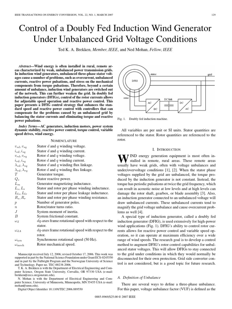 2007 Brekken Control Of A Doubly Fed Induction Wind Generator Under Unbalanced Grid Voltage