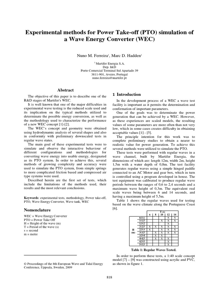 2009 Experimental Methods For Power Take-Off (PTO) Simulation of A Wave ...
