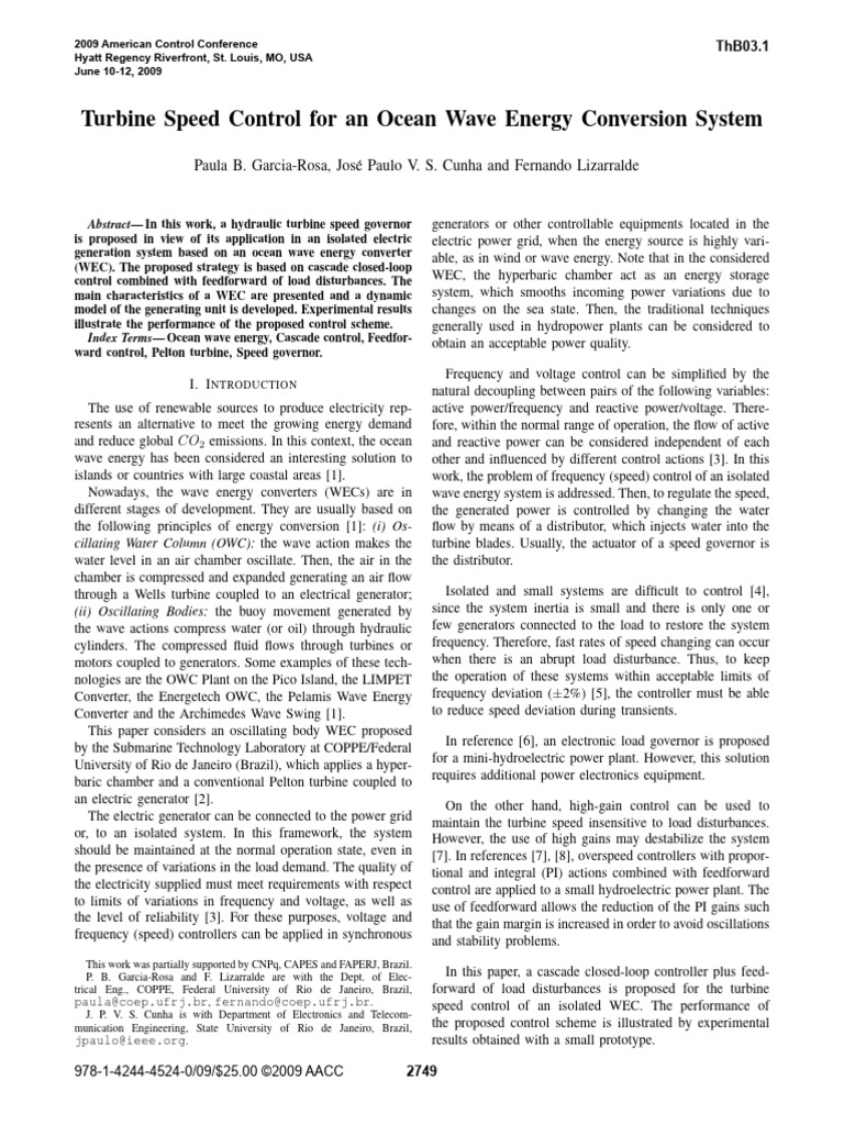 2009 Turbine Speed Control For An Ocean Wave Energy Conversion System ...