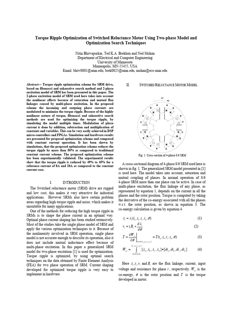 2006 Brekken Torque Ripple Optimization of Switched Reluctance Motor Using Two-Phase Model and ...