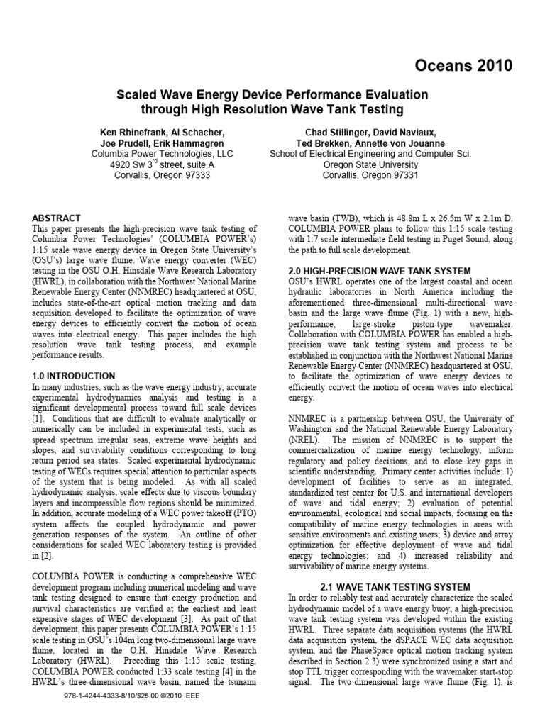 2010 Scaled Wave Energy Device Performance Evaluation Through Wave Tank ...