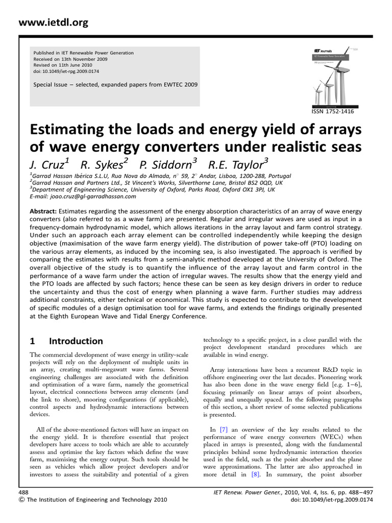 2010 Estimating the Loads and Energy Yield of Arrays of WEC | PDF ... 2010 Estimating the Loads and Energy Yield of Arrays of WEC | PDF ...