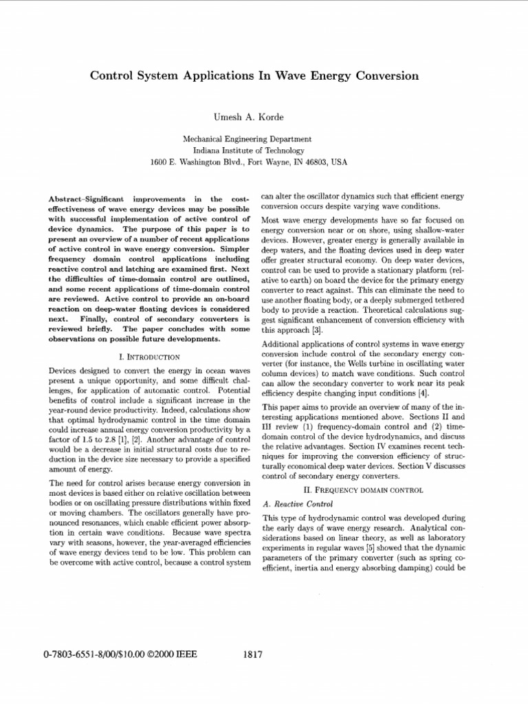 2000 Control System Applications in Wave Energy Conversion | PDF ...