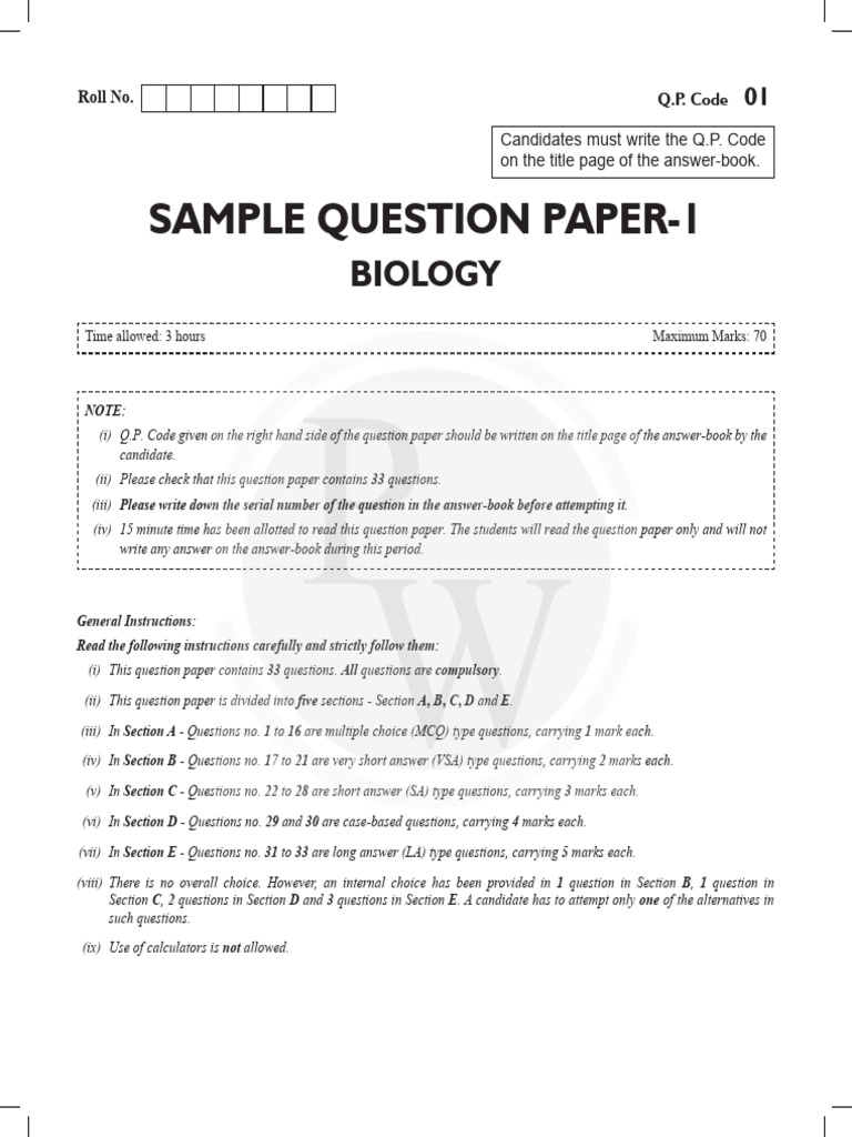 Sample Question Paper-1: Biology | PDF | Biology