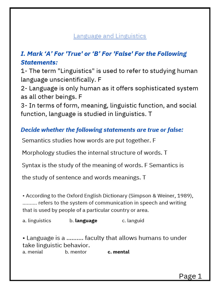 An Introduction To The Study of Linguistics Question Bank Final PDF ...