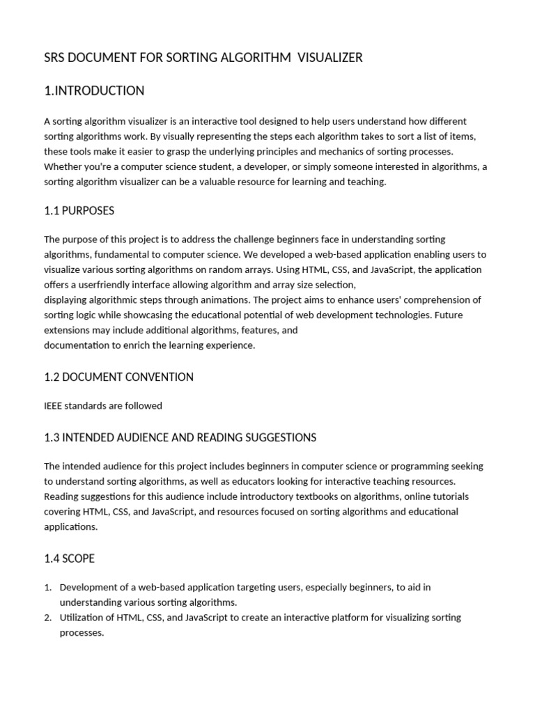 SRS DOCUMENT FOR SORTING ALGORITHM VISUALIZER | PDF | World Wide Web | Internet & Web