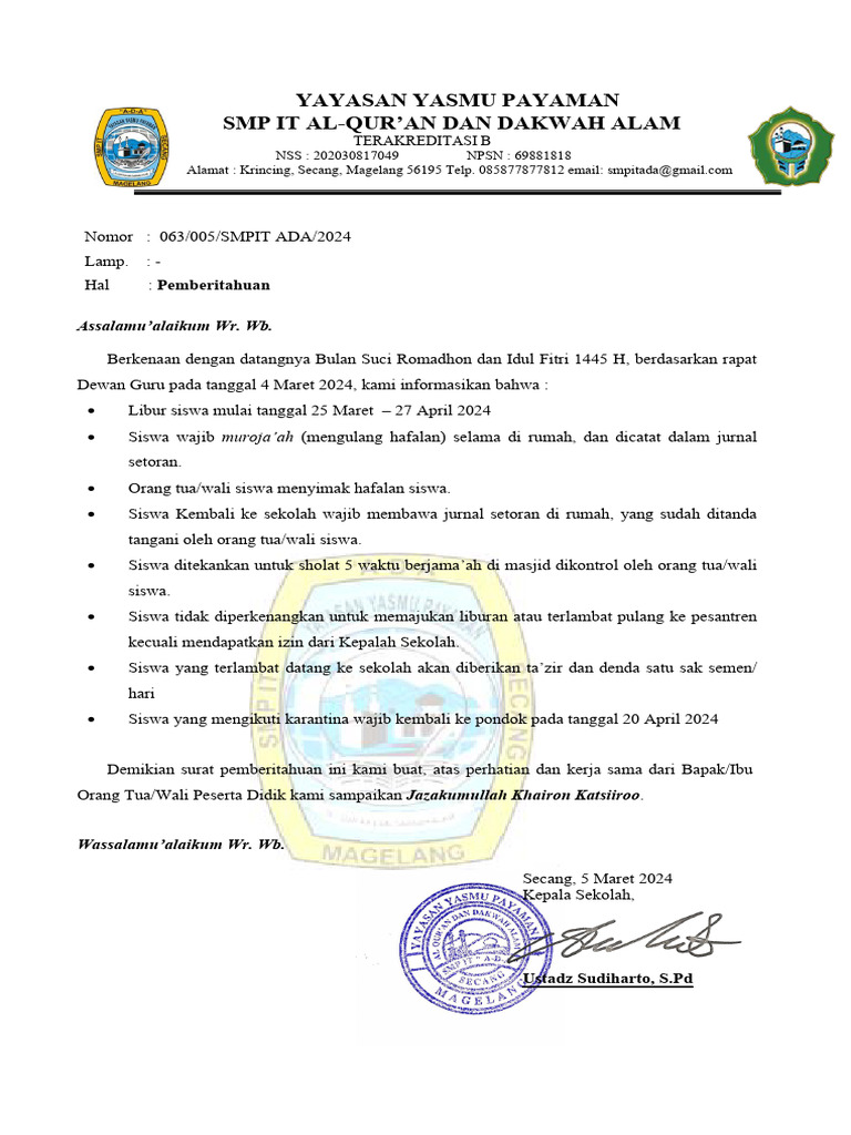 Surat Pemberitahuan Libur Ramadhan Dan Idul Fitri 2024 | PDF