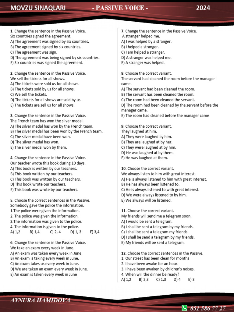 Movzu Sinaqlari 2024 - Passive Voice | PDF