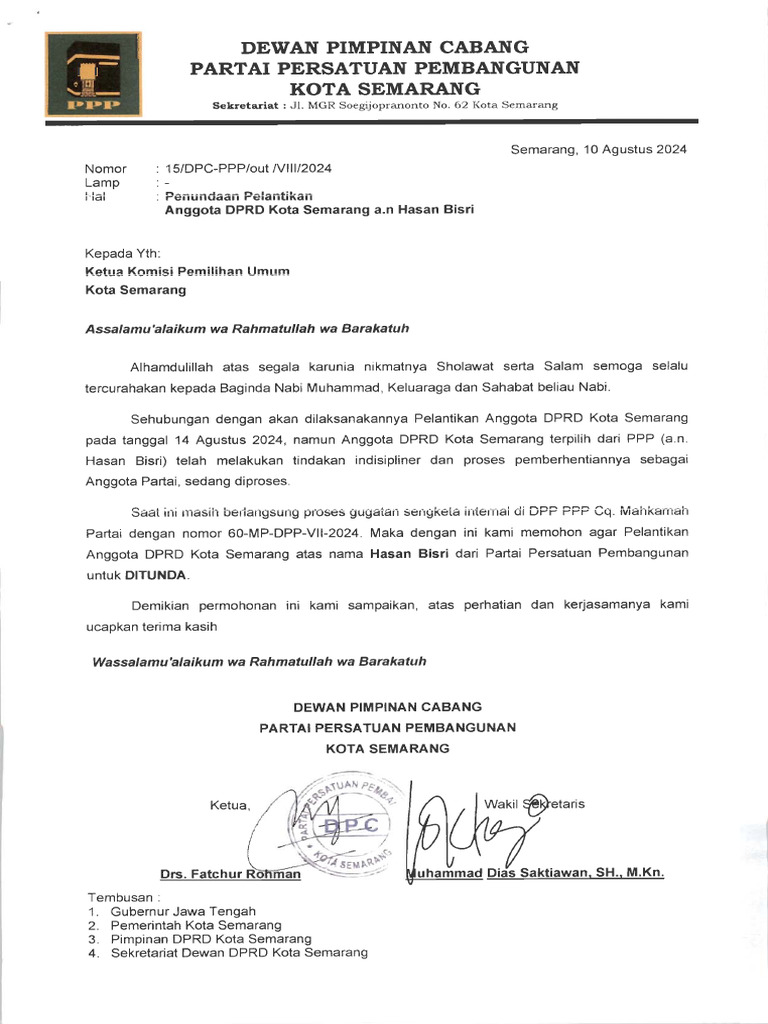 15_DPC PPP SMG_Penundaan Pelantikan Anngota DPRD Kota SMG a.n Hasan Bisri | PDF