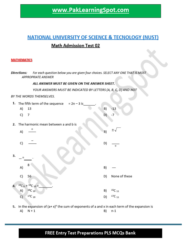 Nust Math Paper 02 PakLearningSpot | PDF | Function (Mathematics ...