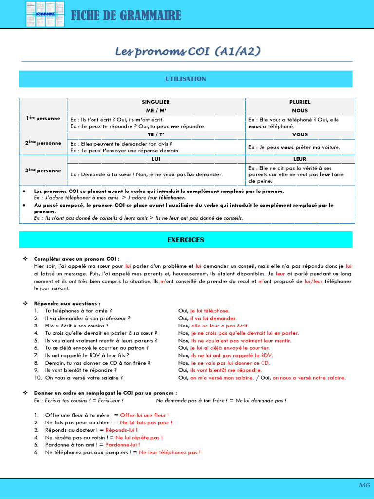 Pronoms COI : Utilisation et Exercices | PDF | Complément d'objet | Pronom