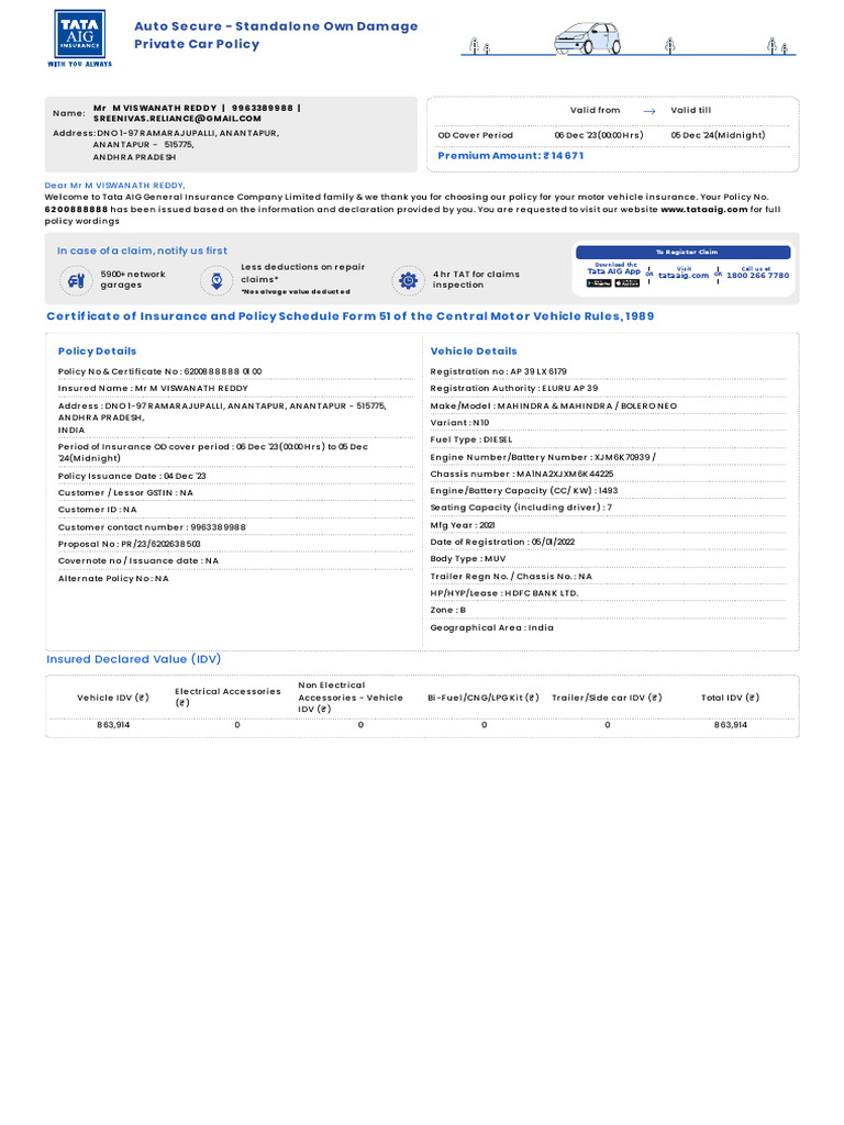 Tata AIG Motor Policy Schedule_3184_6200888888-01 | PDF