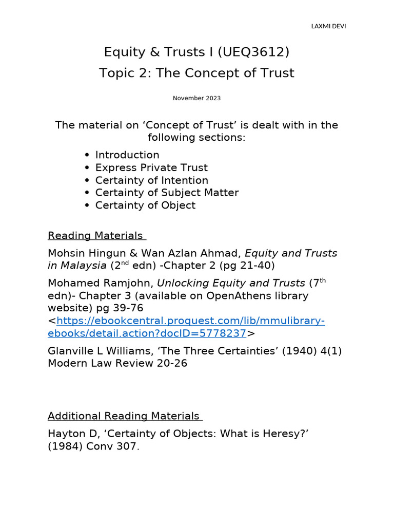 Topic 2 Handout | PDF | Wills And Trusts | Equity (Law)