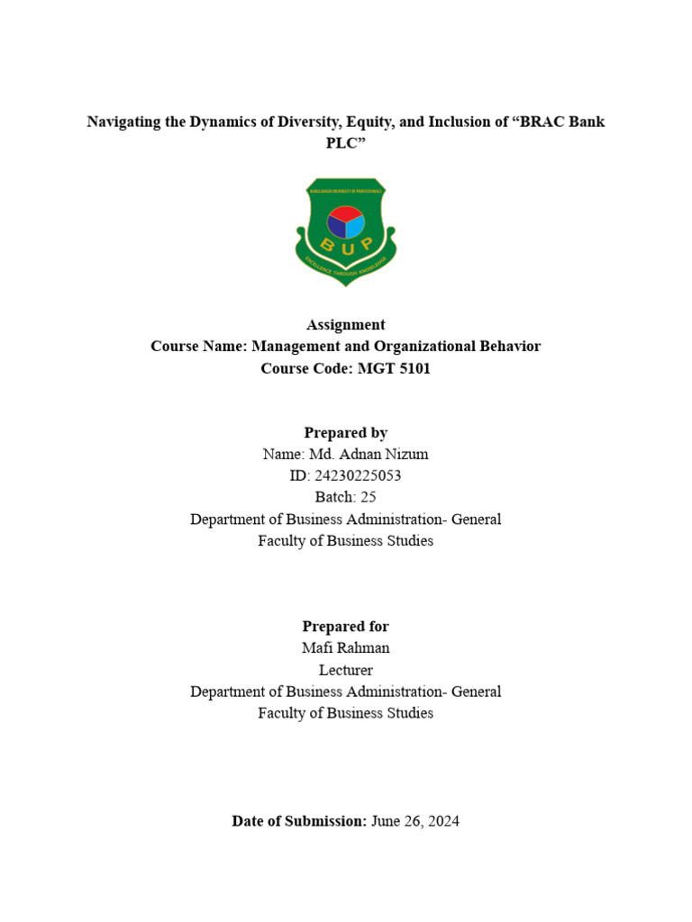 Navigating The Dynamics of Diversity, Equity, and Inclusion of BRAC Bank PLC | PDF | Banks ...