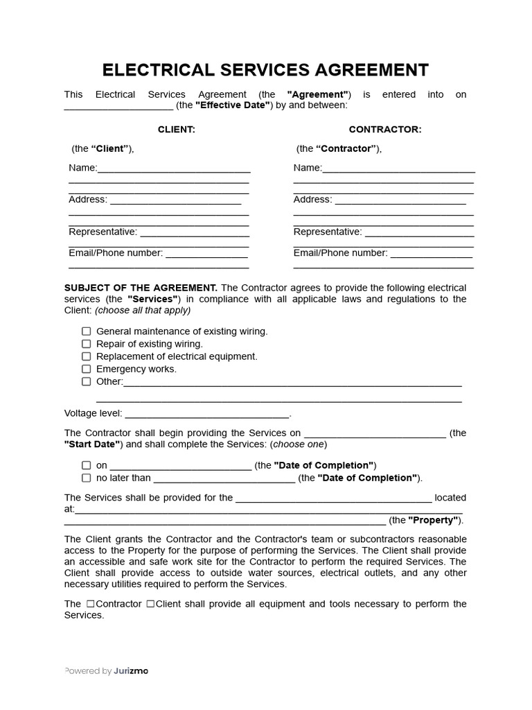 Electrical Services Agreement | PDF | Indemnity | Employment