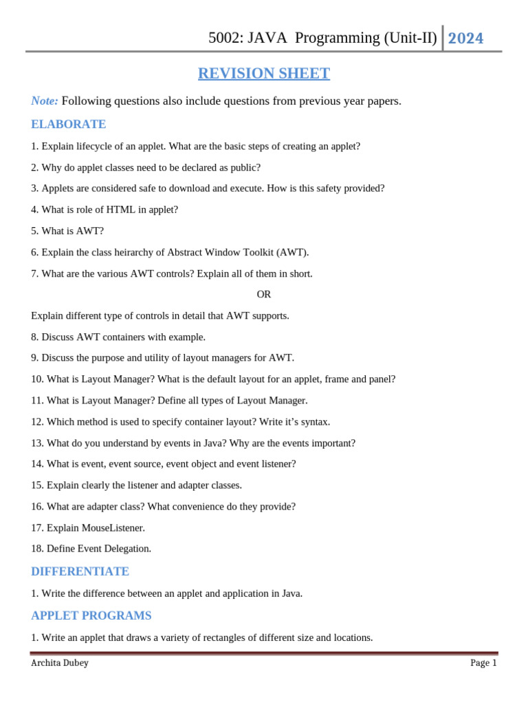 Revision Sheet(Unit-2, JAVA) | PDF Revision Sheet(Unit-2, JAVA) | PDF