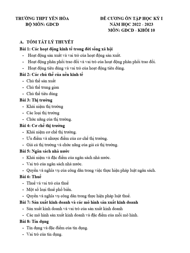 ĐỀ CƯƠNG HK1 - MÔN GDCD - KHỐI 10 - 2223 | PDF