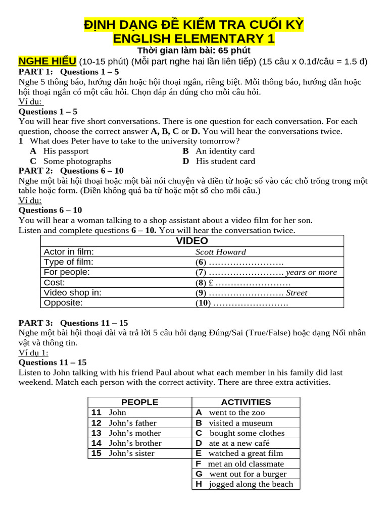 ĐỊNH DẠNG ĐỀ KIỂM TRA CUỐI KỲ KT1 | PDF