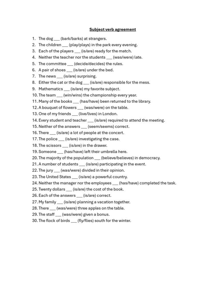 Worksheet - SUBJECT VERB AGREEMENT | PDF