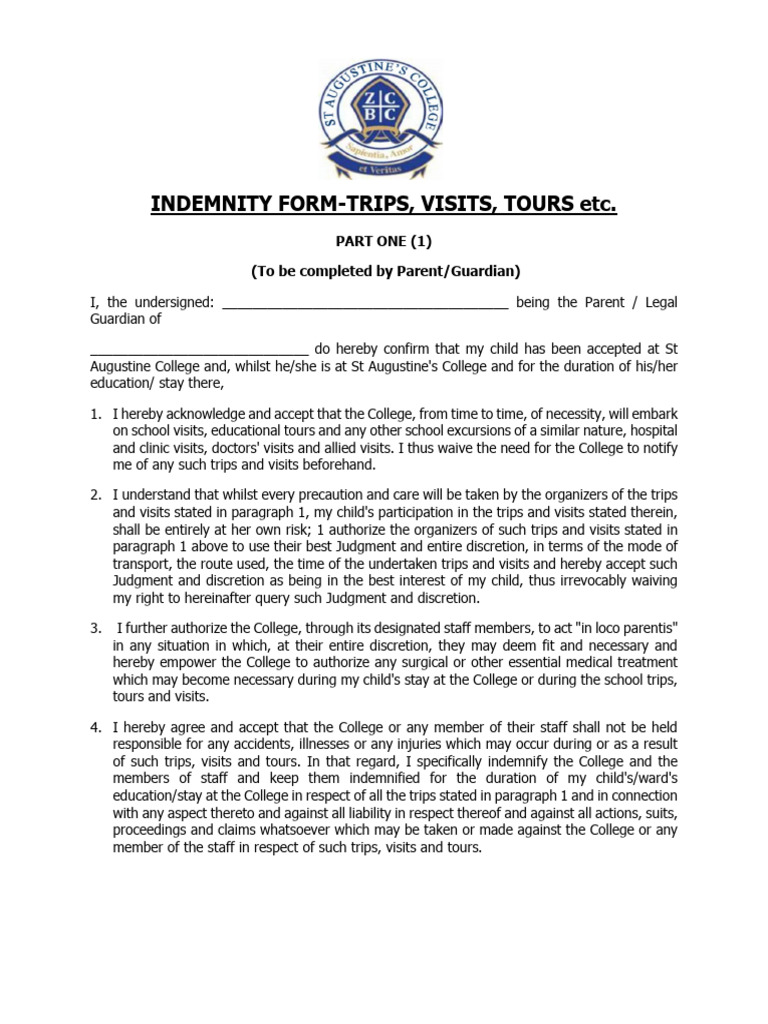 INDEMNITY FORM ST Augustine's College ONE | PDF | Justice | Crime ...