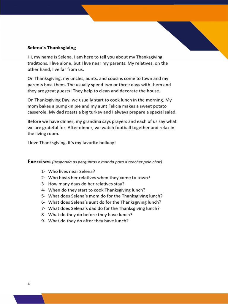 Reading Comprehension - Selena's Thanksgiving | PDF