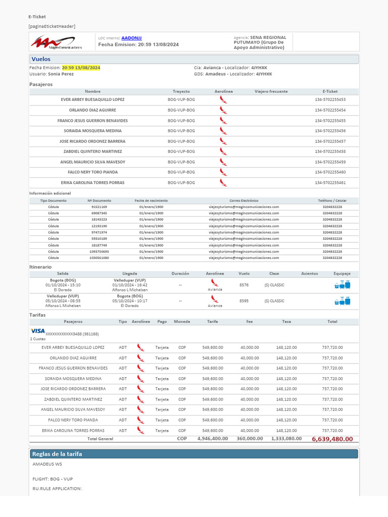 Avianca BOG-VUP Flight Itinerary | PDF | Fare | Public Transport