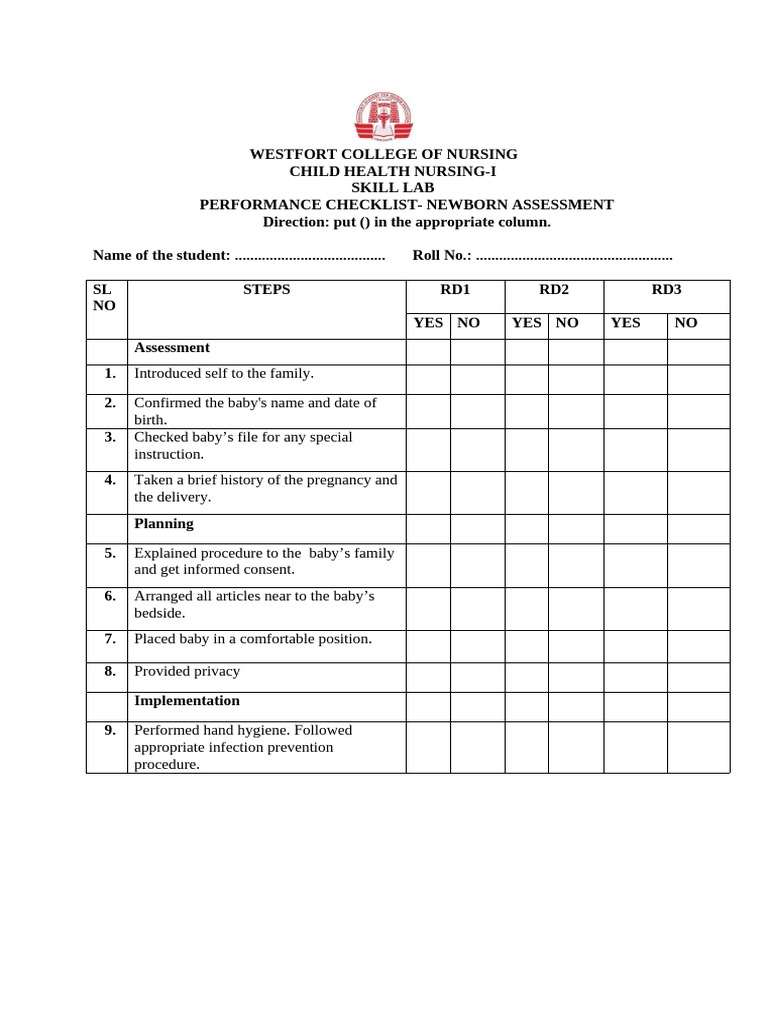 Infant Assessment Performance Checklist | PDF | Cognitive Development ...