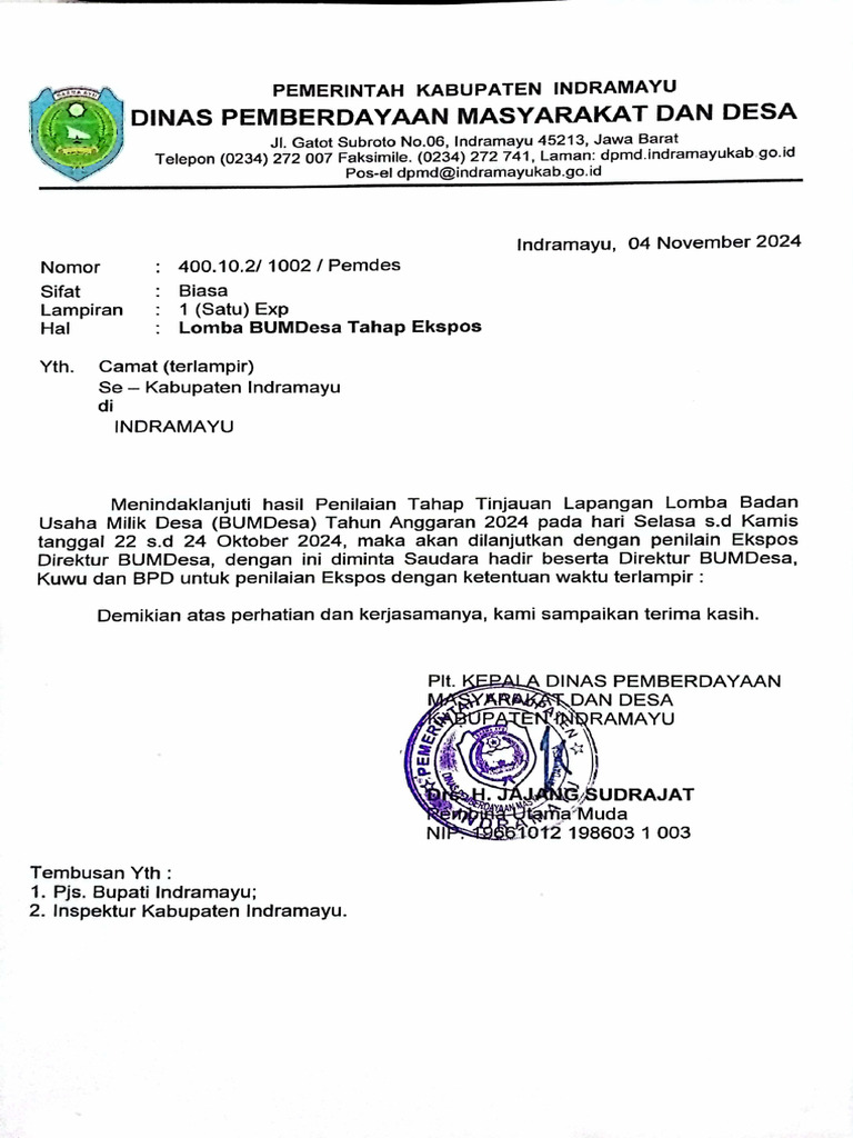 Surat Lomba Bumdes Tahap Ekspos | PDF