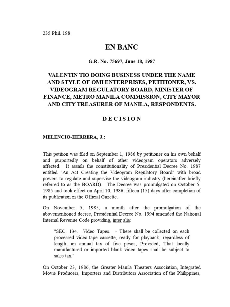 Tio V Videogram Regulatory Board GR L-75697 | PDF | Taxes | Burden Of ...